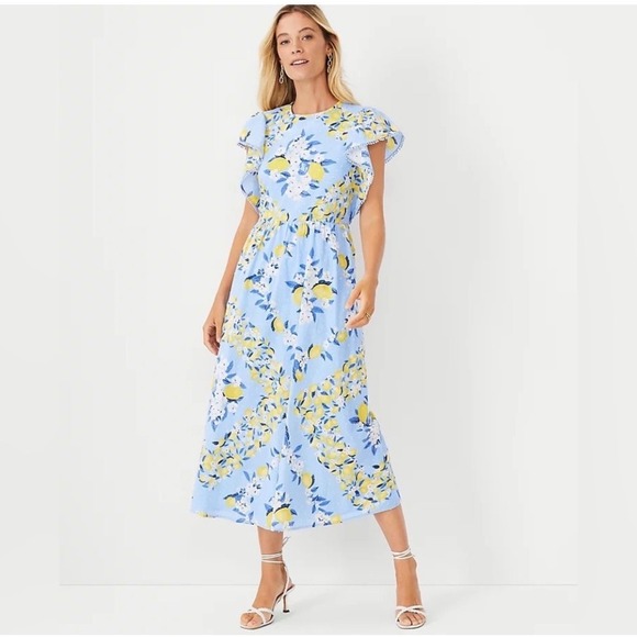 Ann Taylor | Dresses | Ann Taylor Blue Lemon Floral Swiss Dot Cotton ...